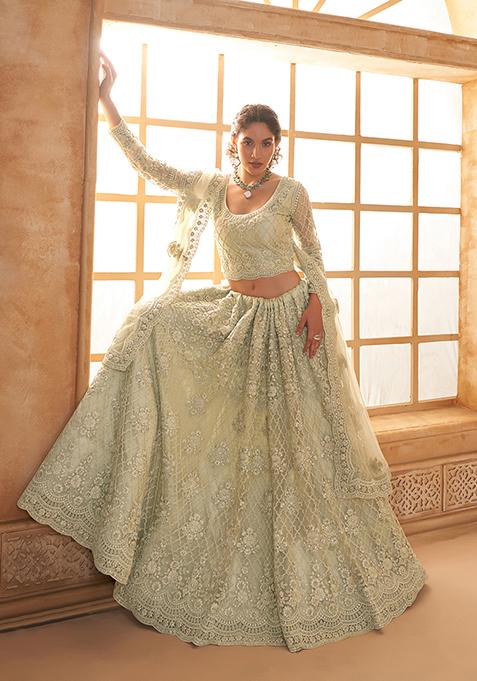 Buy Women Mint Green Thread Embroidered Net Lehenga Set - XLH05484 ...