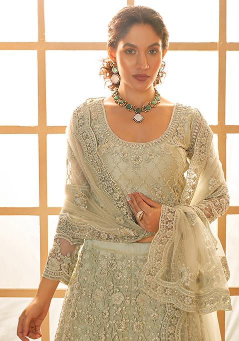 Buy Women Mint Green Thread Embroidered Net Lehenga Set - XLH05484 ...