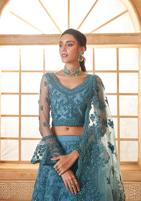 Buy Women Turquoise Blue Thread Embroidered Net Lehenga Set - XLH05487 ...