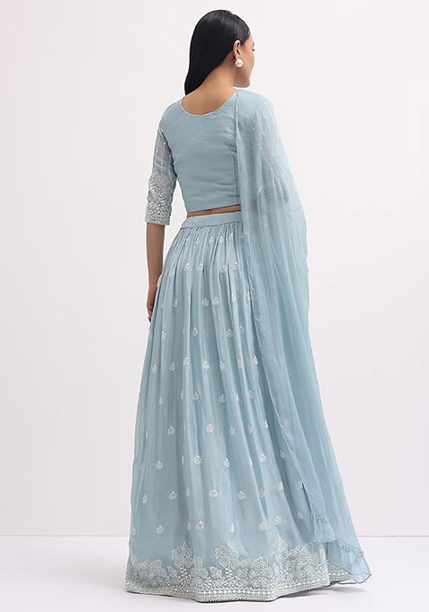 Buy Women Light Blue Sequin Embroidered Faux Georgette Lehenga Set ...