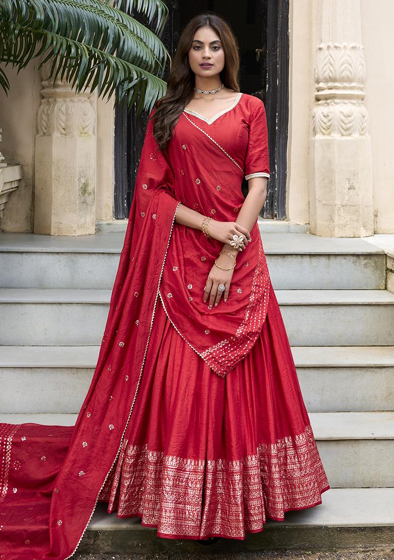 Buy Women Red Zari Woven Pure Chanderi Lehenga Set - XLH05526 - Half in ...