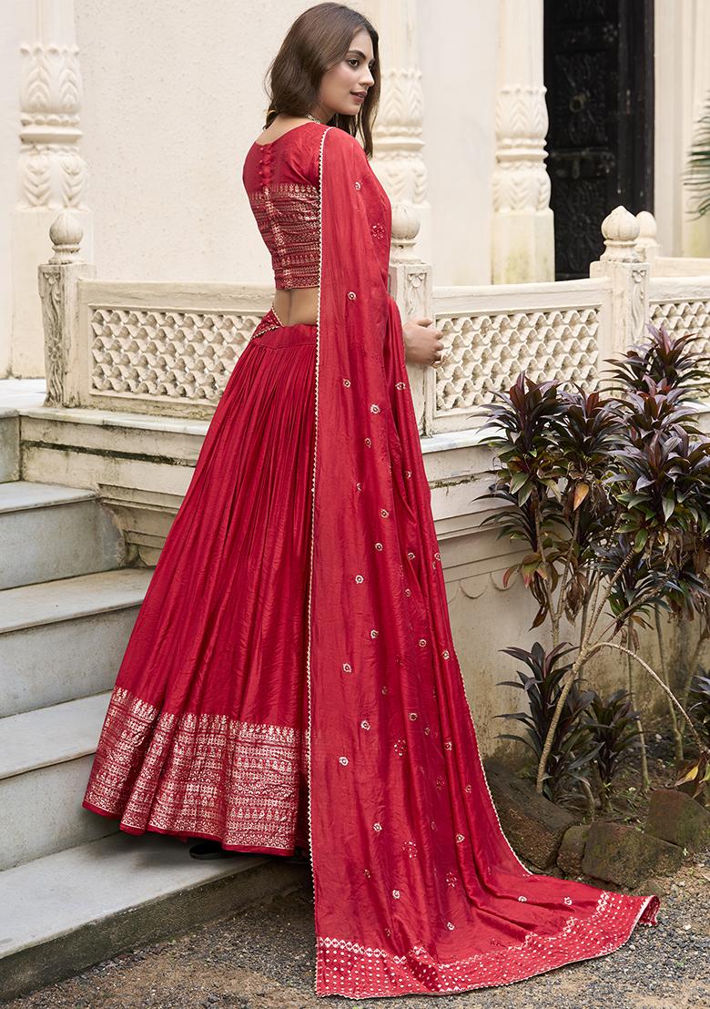 Buy Women Red Zari Woven Pure Chanderi Lehenga Set - XLH05526 - Half in ...