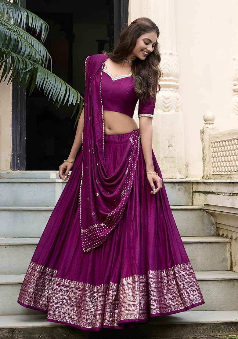 Buy Women Wine Zari Woven Pure Chanderi Lehenga Set - XLH05529 - Half ...