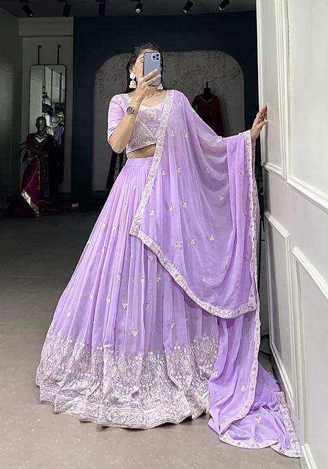 Buy Women Lavender Sequin Thread Embroidered Georgette Lehenga Set ...