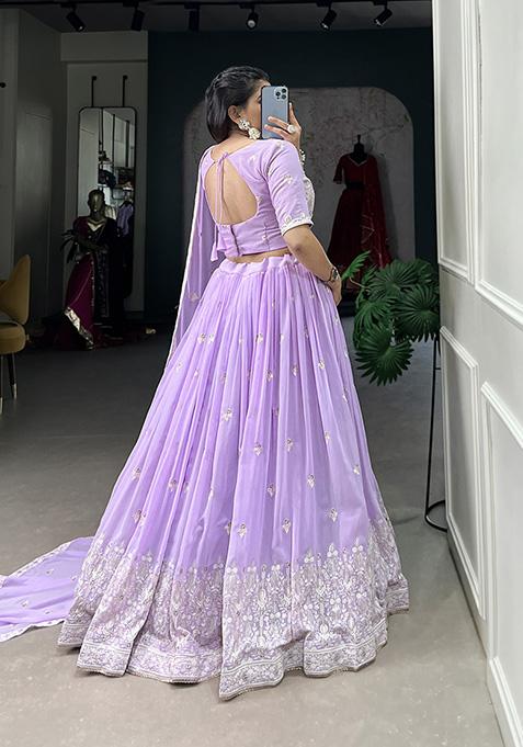 Buy Women Lavender Sequin Thread Embroidered Georgette Lehenga Set ...