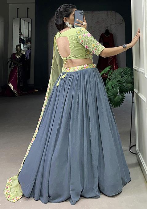 Buy Women Grey Sequin Thread Embroidered Georgette Lehenga Set ...
