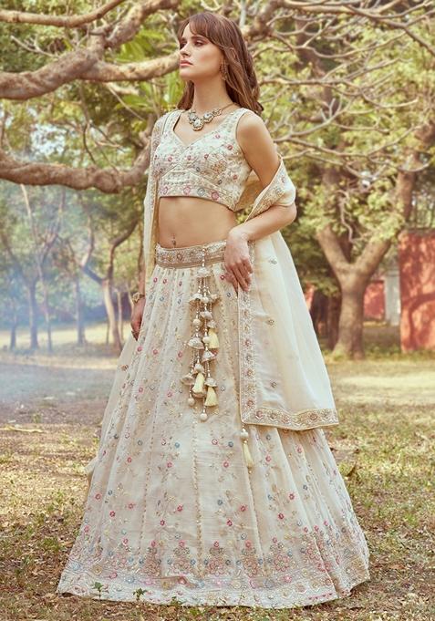 Buy Women Cream Embroidered Tissue Lehenga Set - XLH05572 - Light ...