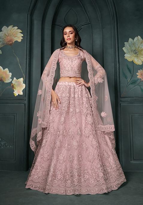 Buy Women Light Pink Embroidered Net Lehenga Set - XLH05635 ...