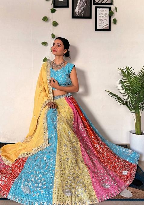 Buy Women Multicolor Sequin Thread Embroidered Faux Georgette Lehenga ...
