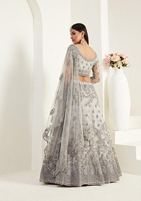 Buy Women Light Grey Embroidered Net Lehenga Set - XLH06407 ...