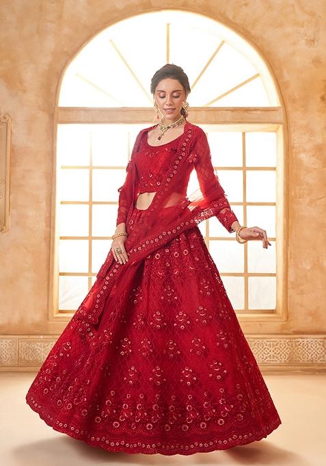 Buy Women Ruby Red Embroidered Net Lehenga Set - XLH06428 - Traditional Lehengas - Indya