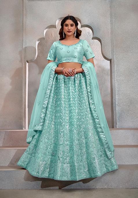 Buy Women Turquoise Sequin Thread Embroidered Butterfly Net Lehenga Set ...