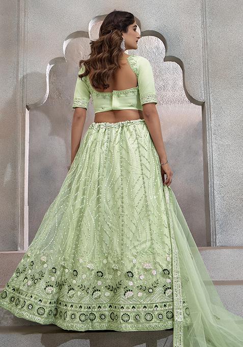 Buy Women Light Green Sequin Thread Embroidered Net Lehenga Set ...