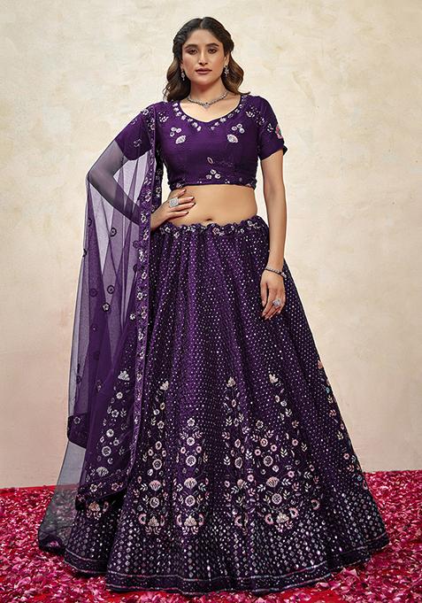 Buy Women Violet Sequin Thread Embroidered Silk Lehenga Set - XLH06888 ...