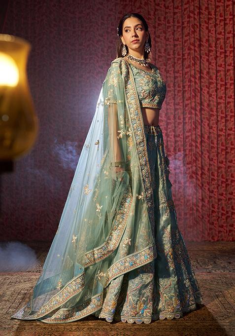 Buy Women Turquoise Sequin Thread Embroidered Organza Lehenga Set ...