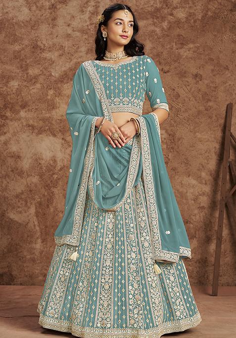 Buy Women Turquoise Embroidered Georgette Lehenga Set - XLH07172 ...