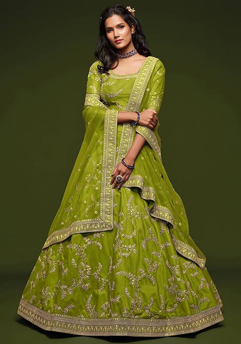 Buy Women Neon Green Embroidered Art Silk Lehenga Set - XLH07282 ...