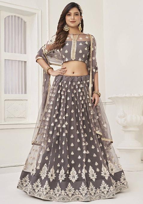 Buy Women Grey Embroidered Net Lehenga Set - XLH07659 - Light Lehengas ...