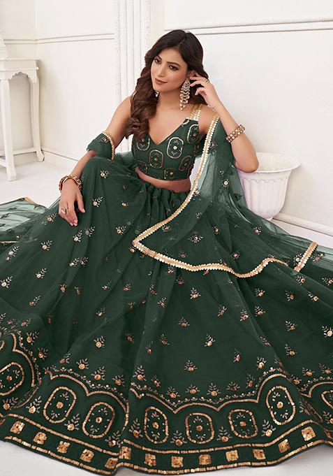Buy Women Green Sequin Embroidered Net Lehenga Set - XLH07815 - Light ...