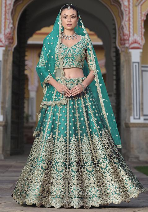 Buy Women Turquoise Embroidered Net Lehenga Set - XLH08165 ...