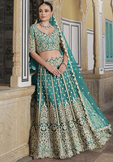Buy Women Turquoise Embroidered Net Lehenga Set - XLH08165 ...