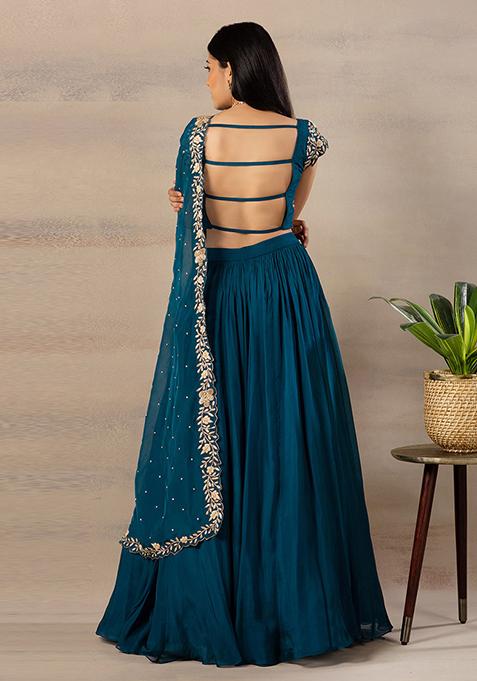 Buy Women Dark Firozi Sequins Embroidered Georgette Lehenga Set ...