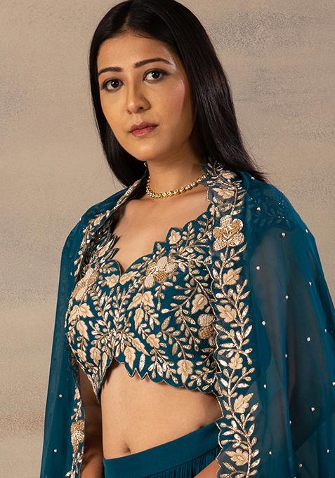 Buy Women Dark Firozi Sequins Embroidered Georgette Lehenga Set ...