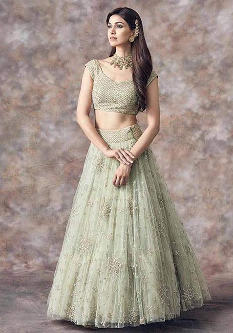 Buy Women Light Green Embroidered Net Lehenga Set - XLH08420 - Light ...