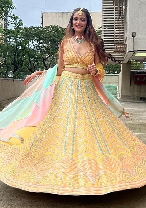 Buy Women Yellow Embroidered Silk Lehenga Set - XLH08425 - Light ...