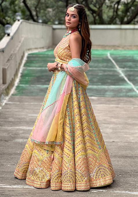 Buy Women Yellow Embroidered Silk Lehenga Set - XLH08425 - Light ...