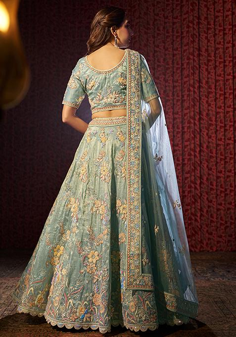 Buy Women Turquoise Sequin Embroidered Organza Lehenga Set - XLH08500 ...