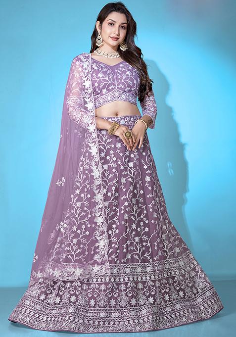 Buy Women Lilac Embroidered Net Lehenga Set - XLH08554 - Light Lehengas ...