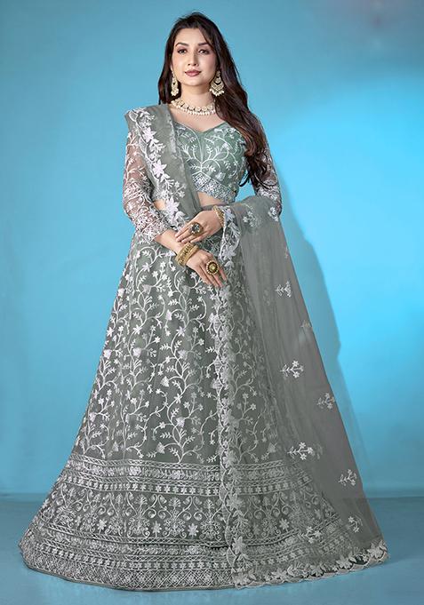 Buy Women Dark Grey Embroidered Net Lehenga Set - XLH08556 - Light ...