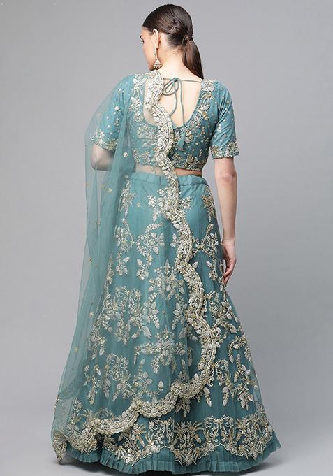 Buy Women Turquoise Zari Embroidered Net Lehenga Set - XLH08600 ...