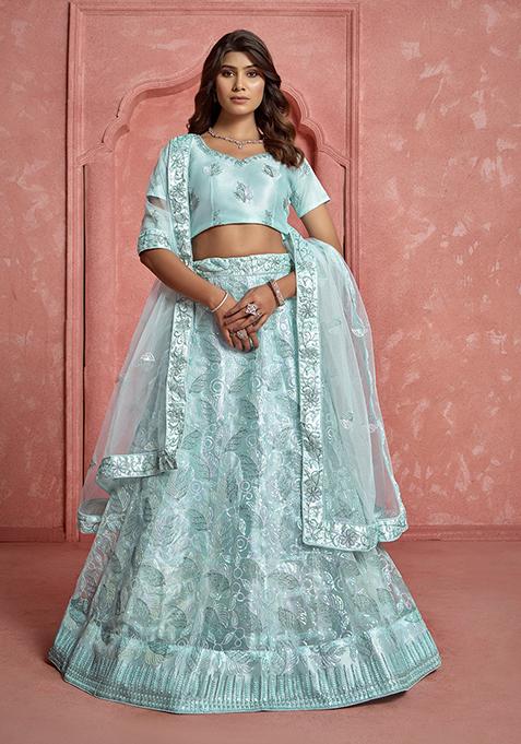 Buy Women Baby Blue Embroidered Butterfly Net Lehenga Set - XLH11090 ...