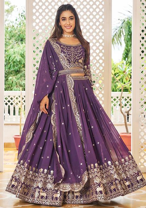 Buy Women Purple Embroidered Georgette Lehenga Set - XLH11421 - Modest ...