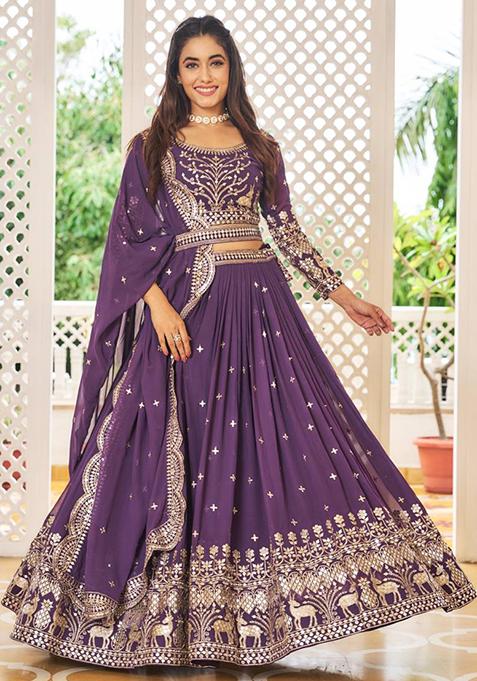 Buy Women Purple Embroidered Georgette Lehenga Set - XLH11421 - Modest ...