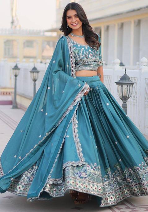 Buy Women Turquoise Blue Embroidered Chinon Lehenga Set - XLH11456 ...