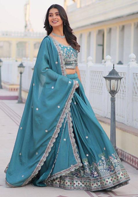 Buy Women Turquoise Blue Embroidered Chinon Lehenga Set - XLH11456 ...