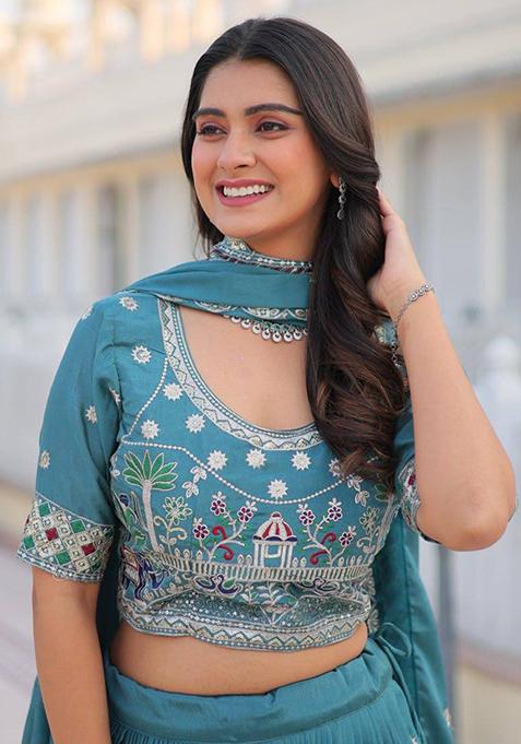 Buy Women Turquoise Blue Embroidered Chinon Lehenga Set - XLH11456 ...