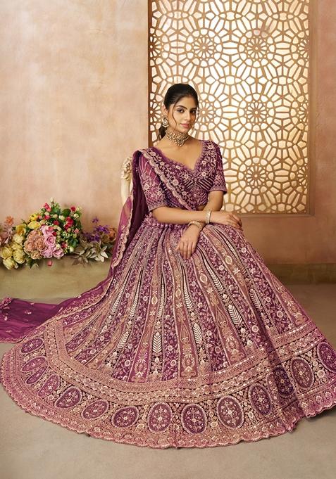 Buy Women Dark Purple Embroidered Net Lehenga Set - XLH11668 - Light ...