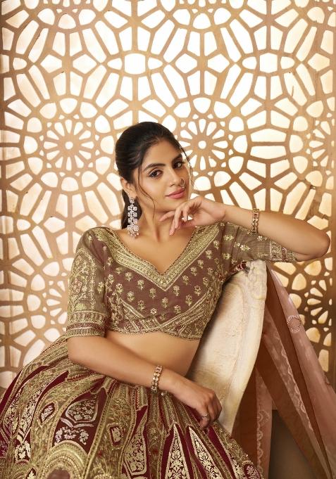 Buy Women Coffee Brown Embroidered Banarasi Silk Bridal Lehenga Set ...