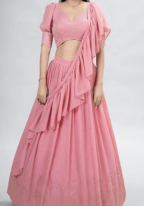 Buy Women Rose Pink Embellished Poly Blend Lehenga Set - XLH12621 ...