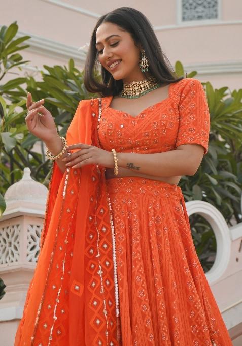 Buy Women Orange Embroidered Georgette Lehenga Set With Dupatta ...