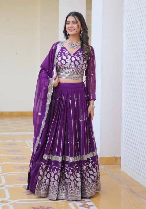 Buy Women Purple Embroidered Chinon Lehenga Set With Dupatta - XLH51028 ...