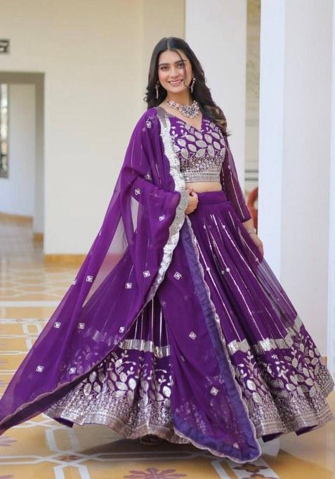 Buy Women Purple Embroidered Chinon Lehenga Set With Dupatta - XLH51028 ...