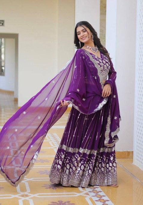 Buy Women Purple Embroidered Chinon Lehenga Set With Dupatta - XLH51028 ...