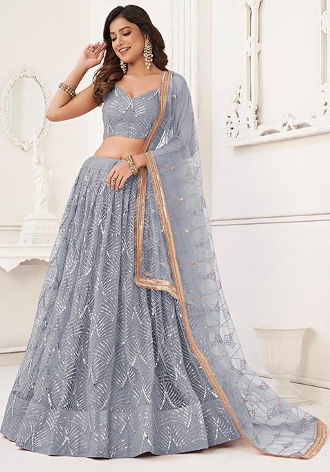 Buy Women Light Grey Thread Embroidered Net Lehenga Set - XLH5280 ...