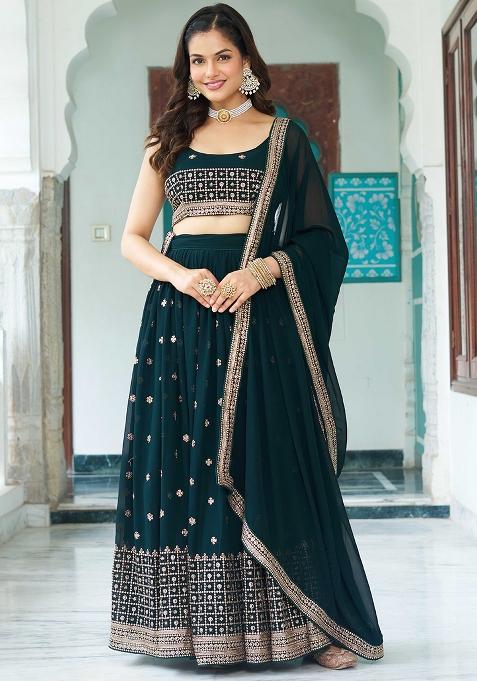 Buy Women Green Sequence Embroidery Georgette Lehenga Set With Dupatta ...