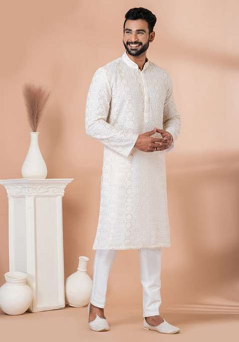 Buy White Sequin Embroidered Georgette Kurta Set For Men - XMS00003 ...